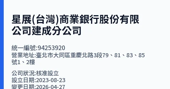 星展(台灣)商業銀行股份有限公司建成分公司的照片-統編 94253920(臺北市) 公司登記資料與營業項目詳細圖表