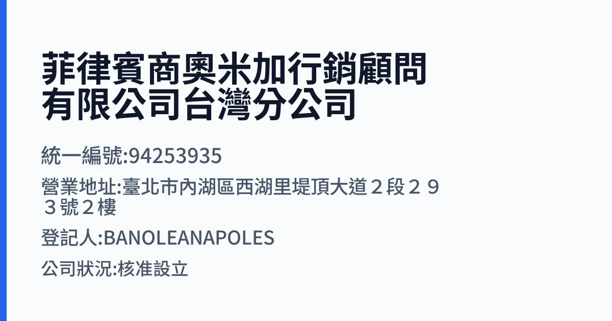 菲律賓商奧米加行銷顧問有限公司台灣分公司 - 統編 94253935(臺北市) 公司登記資料與營業項目詳細圖表
