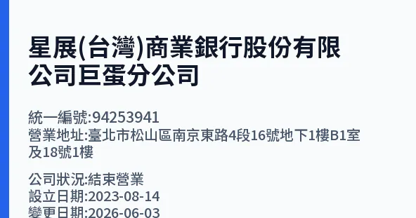 星展(台灣)商業銀行股份有限公司巨蛋分公司的照片-統編 94253941(臺北市) 公司登記資料與營業項目詳細圖表