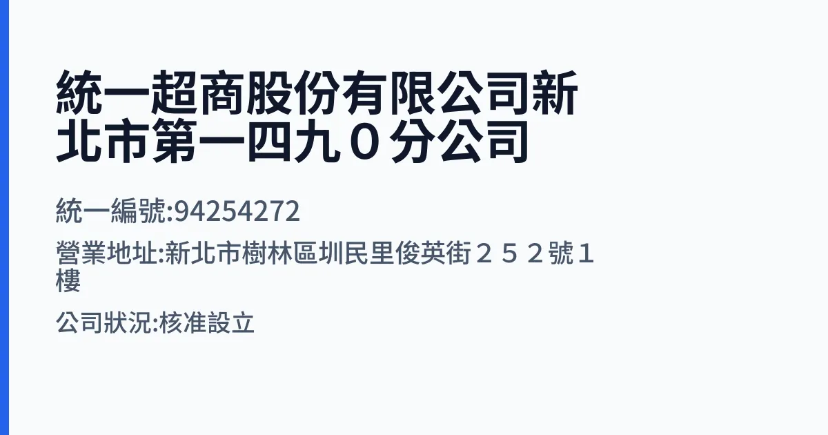 統一超商股份有限公司新北市第一四九0分公司 - 統編 94254272(新北市) 公司登記資料與營業項目詳細圖表
