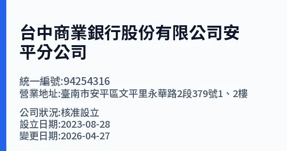 台中商業銀行股份有限公司安平分公司的照片-統編 94254316(臺南市) 公司登記資料與營業項目詳細圖表