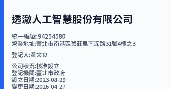 透澈人工智慧股份有限公司的照片-統編 94254580(臺北市) 公司登記資料與營業項目詳細圖表
