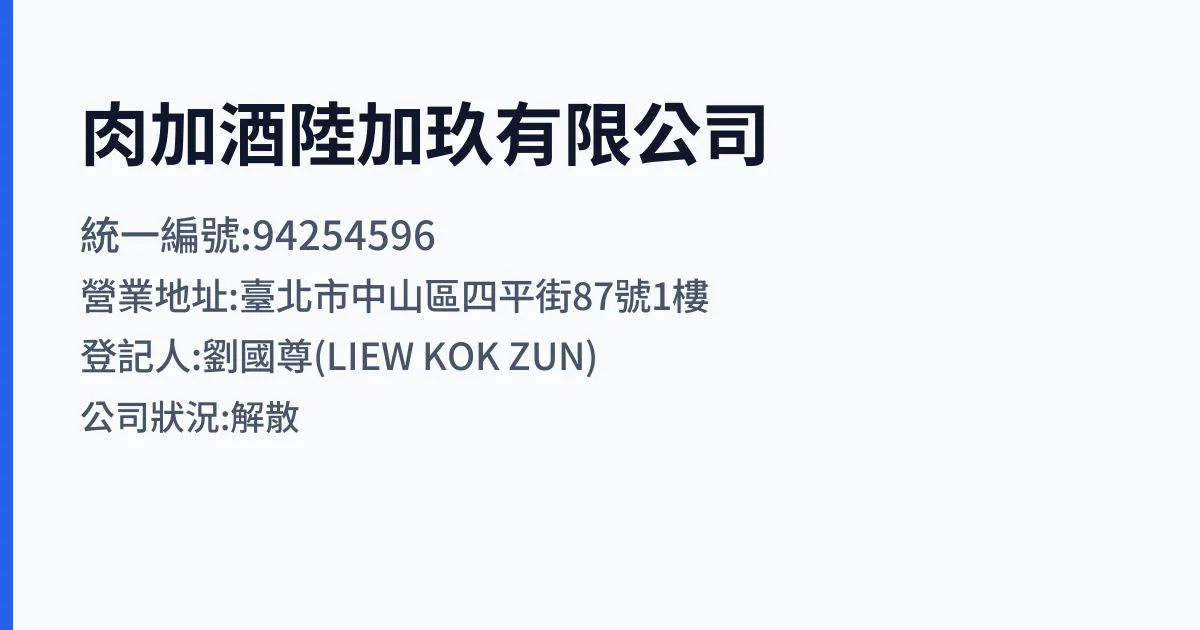 肉加酒陸加玖有限公司 - 統編 94254596(臺北市) 公司登記資料與營業項目詳細圖表