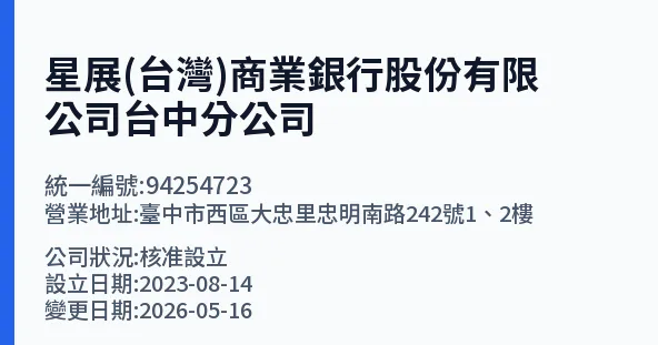 星展(台灣)商業銀行股份有限公司台中分公司的照片-統編 94254723(臺中市) 公司登記資料與營業項目詳細圖表