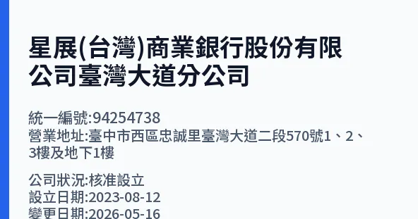 星展(台灣)商業銀行股份有限公司臺灣大道分公司的照片-統編 94254738(臺中市) 公司登記資料與營業項目詳細圖表