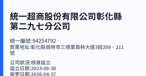 統一超商股份有限公司彰化縣第二九七分公司的照片-統編 94254792(彰化縣) 公司登記資料與營業項目詳細圖表