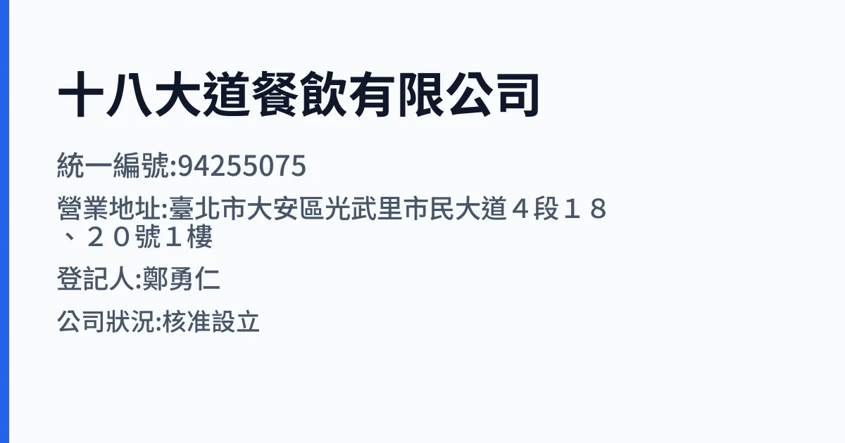 十八大道餐飲有限公司 - 統編 94255075(臺北市) 公司登記資料與營業項目詳細圖表