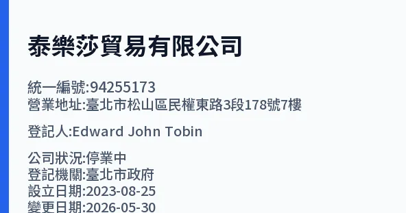 泰樂莎貿易有限公司的照片-統編 94255173(臺北市) 公司登記資料與營業項目詳細圖表