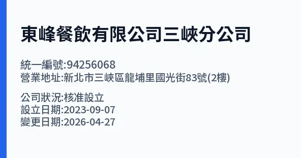 東峰餐飲有限公司三峽分公司的照片-統編 94256068(新北市) 公司登記資料與營業項目詳細圖表