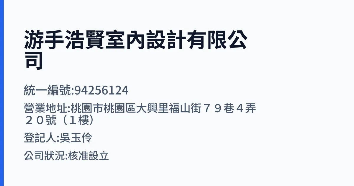 游手浩賢室內設計有限公司 - 統編 94256124(桃園市) 公司登記資料與營業項目詳細圖表