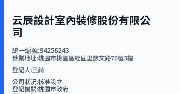 云辰設計室內裝修股份有限公司的照片-統編 94256243(桃園市) 公司登記資料與營業項目詳細圖表