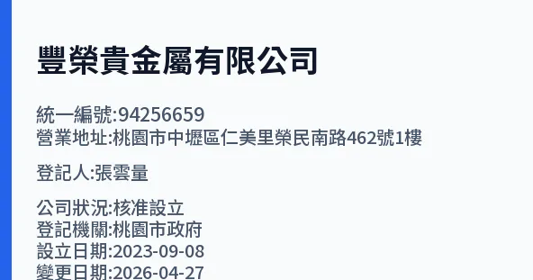 豐榮貴金屬有限公司的照片-統編 94256659(桃園市) 公司登記資料與營業項目詳細圖表