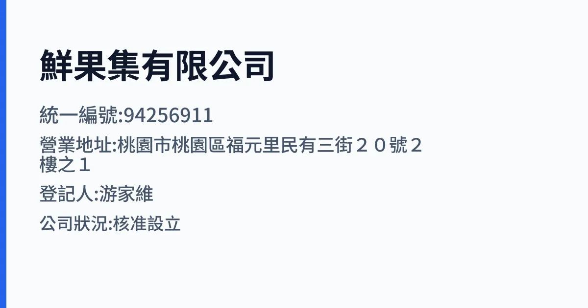 鮮果集有限公司 - 統編 94256911(桃園市) 公司登記資料與營業項目詳細圖表