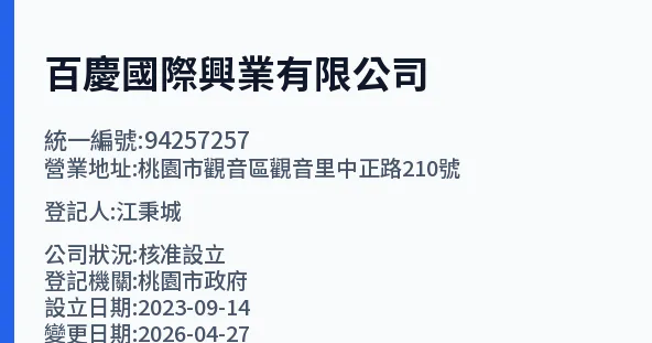 百慶國際興業有限公司的照片-統編 94257257(桃園市) 公司登記資料與營業項目詳細圖表