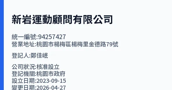 新岩運動顧問有限公司的照片-統編 94257427(桃園市) 公司登記資料與營業項目詳細圖表