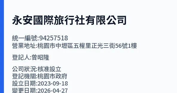 永安國際旅行社有限公司的照片-統編 94257518(桃園市) 公司登記資料與營業項目詳細圖表