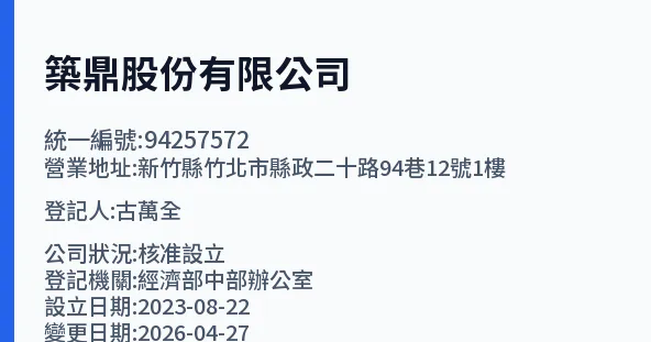 築鼎股份有限公司的照片-統編 94257572(新竹縣) 公司登記資料與營業項目詳細圖表