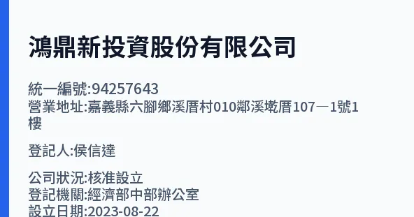 鴻鼎新投資股份有限公司的照片-統編 94257643(嘉義縣) 公司登記資料與營業項目詳細圖表