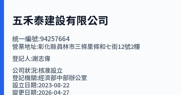 五禾泰建設有限公司的照片-統編 94257664(彰化縣) 公司登記資料與營業項目詳細圖表
