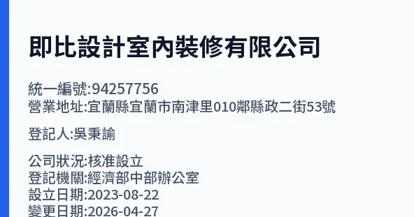 即比設計室內裝修有限公司的照片-統編 94257756(宜蘭縣) 公司登記資料與營業項目詳細圖表