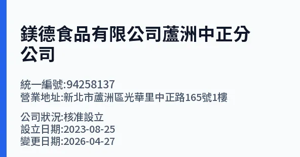 鎂德食品有限公司蘆洲中正分公司的照片-統編 94258137(新北市) 公司登記資料與營業項目詳細圖表