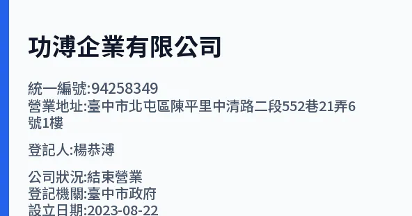 功溥企業有限公司的照片-統編 94258349(臺中市) 公司登記資料與營業項目詳細圖表