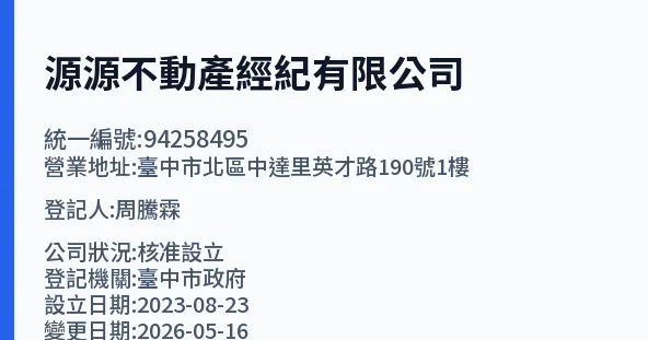 源源不動產經紀有限公司的照片-統編 94258495(臺中市) 公司登記資料與營業項目詳細圖表