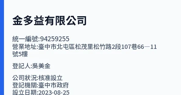 金多益有限公司的照片-統編 94259255(臺中市) 公司登記資料與營業項目詳細圖表