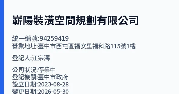 嶄陽裝潢空間規劃有限公司的照片-統編 94259419(臺中市) 公司登記資料與營業項目詳細圖表