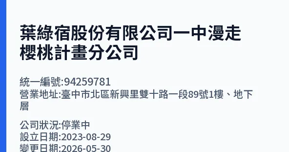 葉綠宿股份有限公司一中漫走櫻桃計畫分公司的照片-統編 94259781(臺中市) 公司登記資料與營業項目詳細圖表