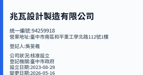 兆瓦設計製造有限公司的照片-統編 94259918(臺中市) 公司登記資料與營業項目詳細圖表