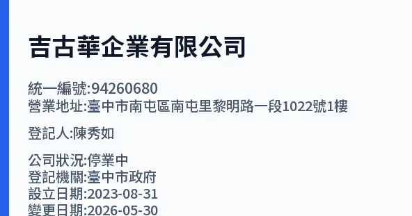吉古華企業有限公司的照片-統編 94260680(臺中市) 公司登記資料與營業項目詳細圖表