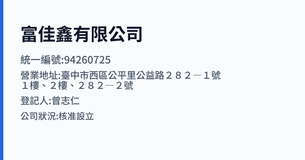 富佳鑫有限公司 - 統編 94260725(臺中市) 公司登記資料與營業項目詳細圖表