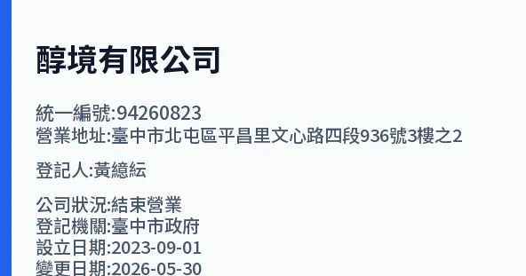 醇境有限公司的照片-統編 94260823(臺中市) 公司登記資料與營業項目詳細圖表