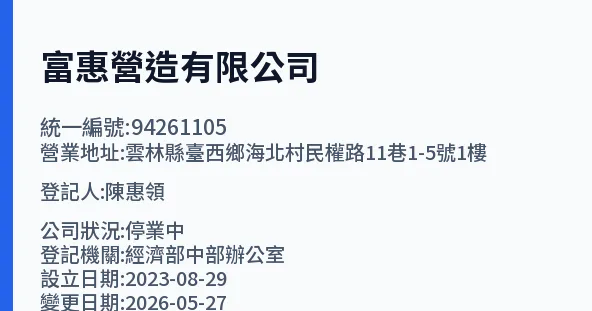 富惠營造有限公司的照片-統編 94261105(雲林縣) 公司登記資料與營業項目詳細圖表