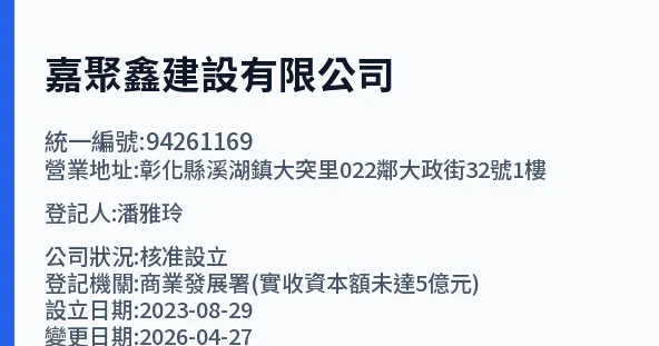 嘉聚鑫建設有限公司的照片-統編 94261169(彰化縣) 公司登記資料與營業項目詳細圖表