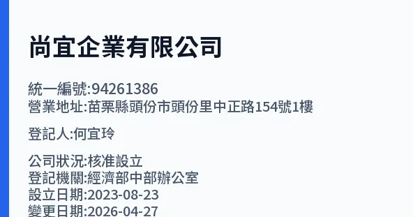 尚宜企業有限公司的照片-統編 94261386(苗栗縣) 公司登記資料與營業項目詳細圖表