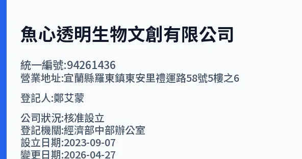 魚心透明生物文創有限公司的照片-統編 94261436(宜蘭縣) 公司登記資料與營業項目詳細圖表