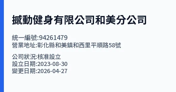 撼動健身有限公司和美分公司的照片-統編 94261479(彰化縣) 公司登記資料與營業項目詳細圖表