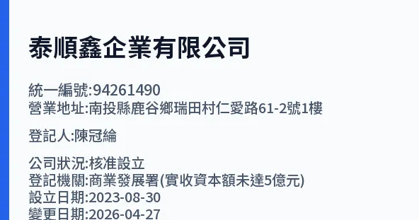 泰順鑫企業有限公司的照片-統編 94261490(南投縣) 公司登記資料與營業項目詳細圖表