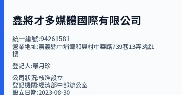 鑫將才多媒體國際有限公司的照片-統編 94261581(嘉義縣) 公司登記資料與營業項目詳細圖表