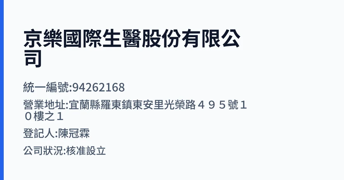 京樂國際生醫股份有限公司 - 統編 94262168（宜蘭縣） 公司登記資料與營業項目詳細圖表