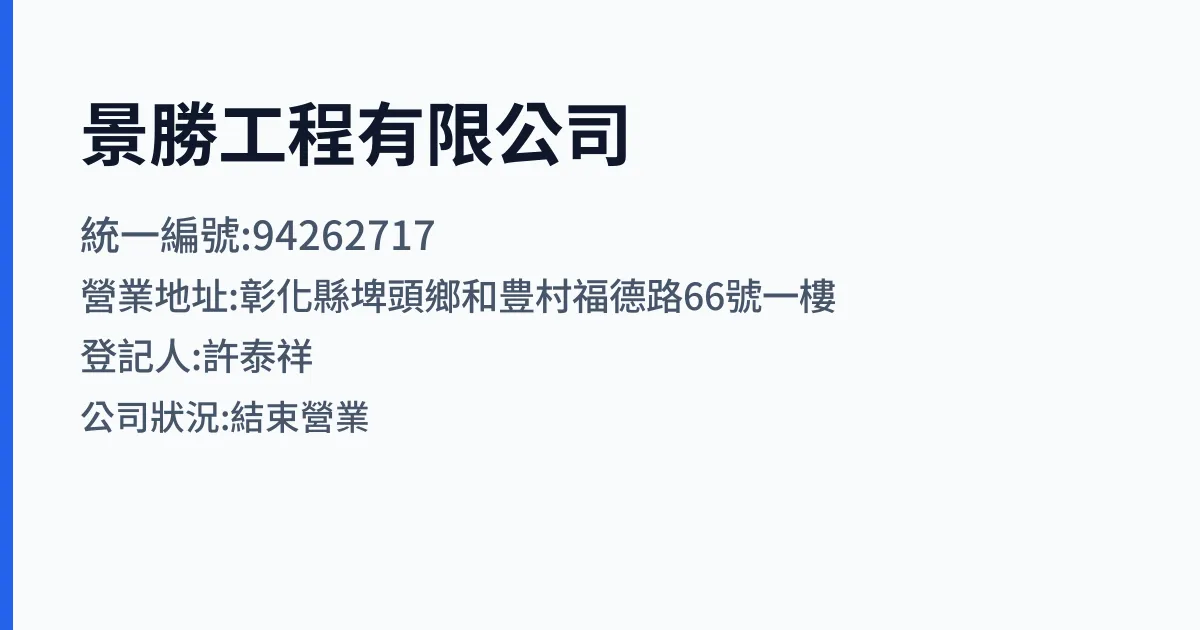 景勝工程有限公司 - 統編 94262717(彰化縣) 公司登記資料與營業項目詳細圖表