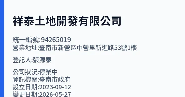 祥泰土地開發有限公司的照片-統編 94265019(臺南市) 公司登記資料與營業項目詳細圖表