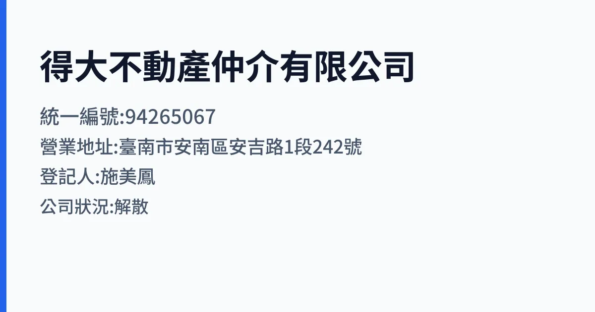 得大不動產仲介有限公司 - 統編 94265067(臺南市) 公司登記資料與營業項目詳細圖表