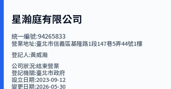 星瀚庭有限公司的照片-統編 94265833(臺北市) 公司登記資料與營業項目詳細圖表