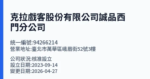克拉戲客股份有限公司誠品西門分公司的照片-統編 94266214(臺北市) 公司登記資料與營業項目詳細圖表