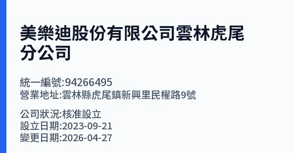 美樂迪股份有限公司雲林虎尾分公司的照片-統編 94266495(雲林縣) 公司登記資料與營業項目詳細圖表