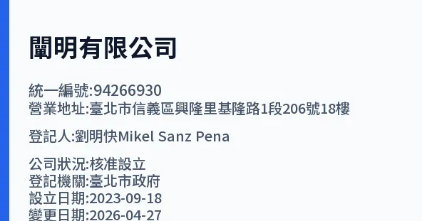 闡明有限公司的照片-統編 94266930(臺北市) 公司登記資料與營業項目詳細圖表
