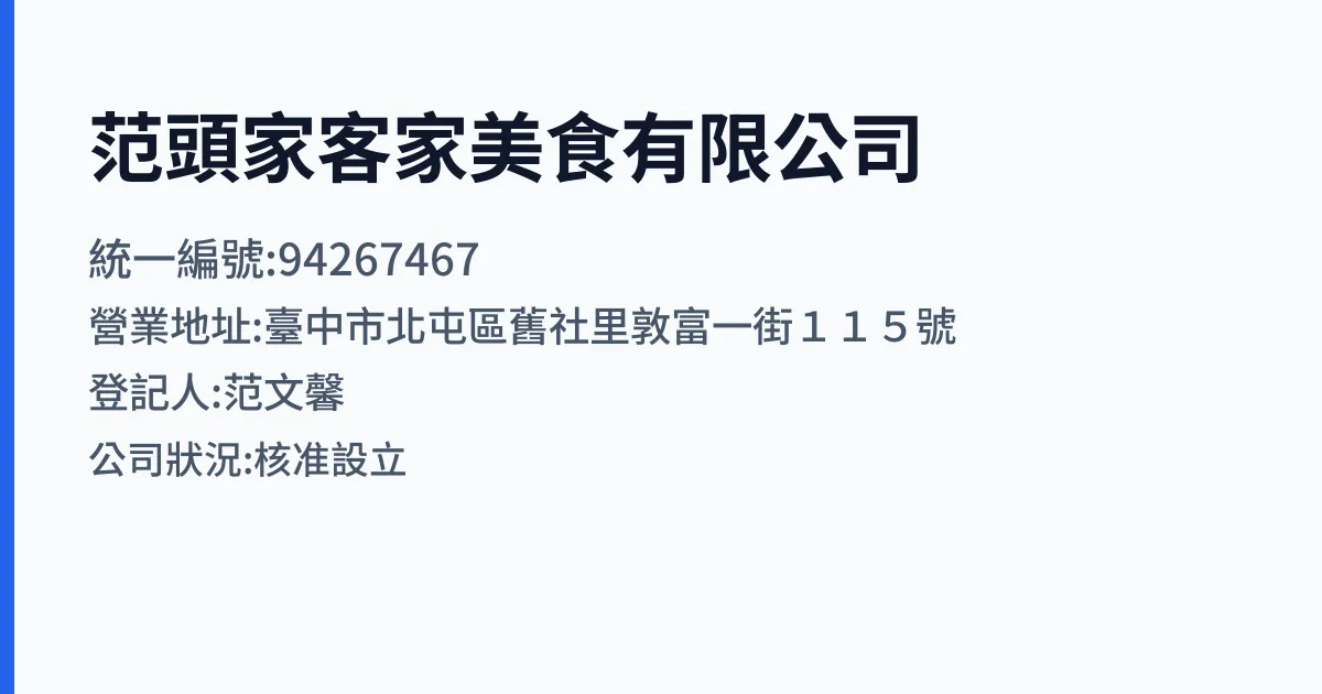 范頭家客家美食有限公司 - 統編 94267467(臺中市) 公司登記資料與營業項目詳細圖表